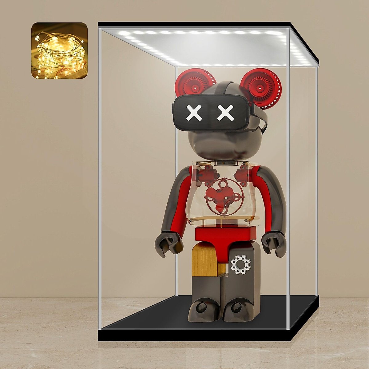 LANSCOERY Clear Acrylic Display Case with LED Light, Large Showcase and Display Box, Dustproof with UV Protection, Perfect for Figures Collectibles - 11.8x11.8x15.7inch