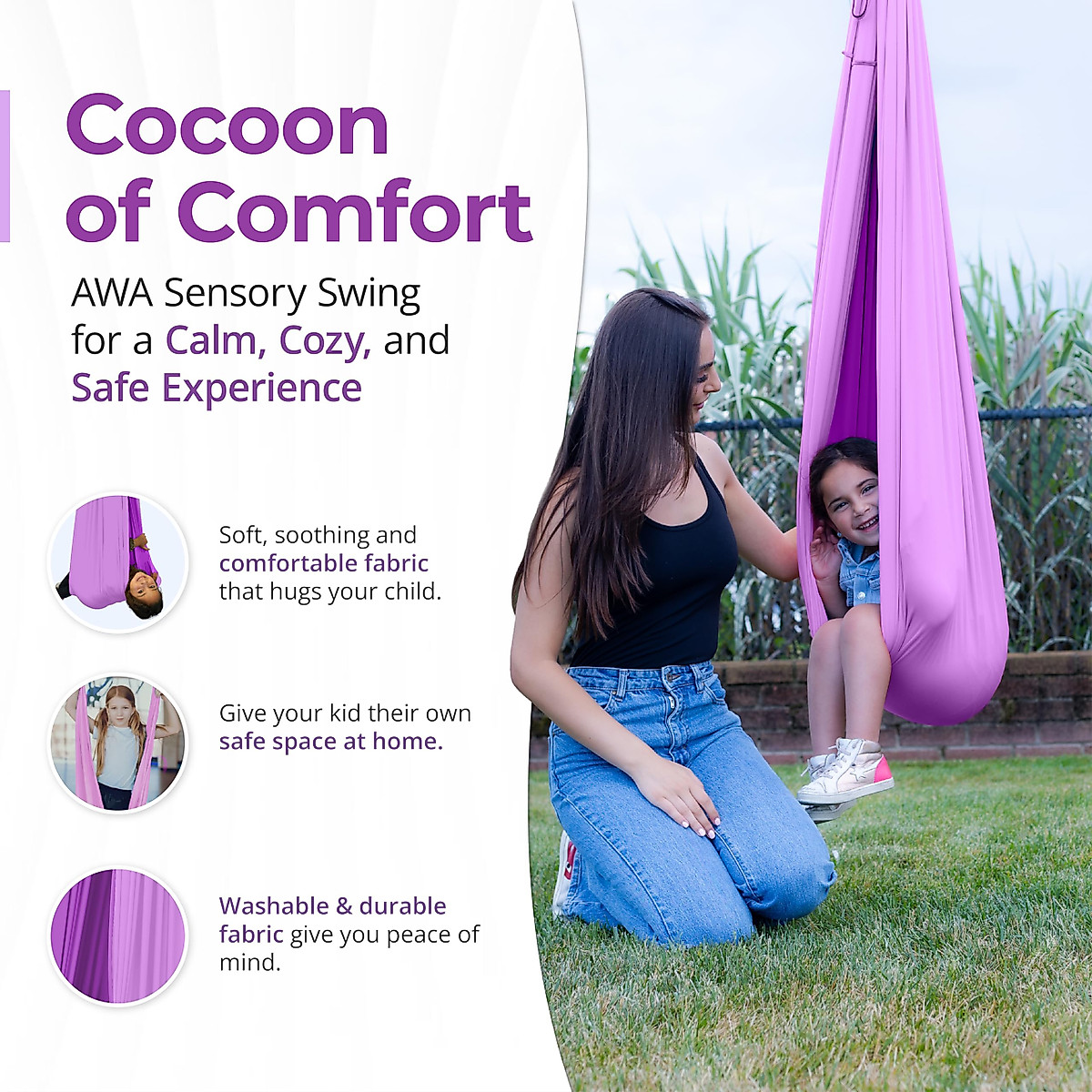 AWA Sensory Swing Indoor for Kids & Adults with Special Needs (Includes Hardware) Indoor Swing for Kids & Adults with Autism, ADHD, and Sensory Processing Challenges (Pink/Purple)