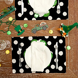 ARKENY St Patricks Day Placemats 12X18 Inches Set of 4, Green Shamrock Black Dots Spring Seasonal Farmhouse Burlap Indoor Kitchen Dining Table Mats Decorations for Home Party AP254-18