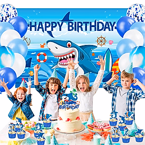 Shark Birthday Party Decorations, Shark Theme Party Supplies for Boys Girls Baby - Cake, and Cupcake Toppers, Balloons. Shark Sign, Sheet Temporary Tattoos, Backdrop