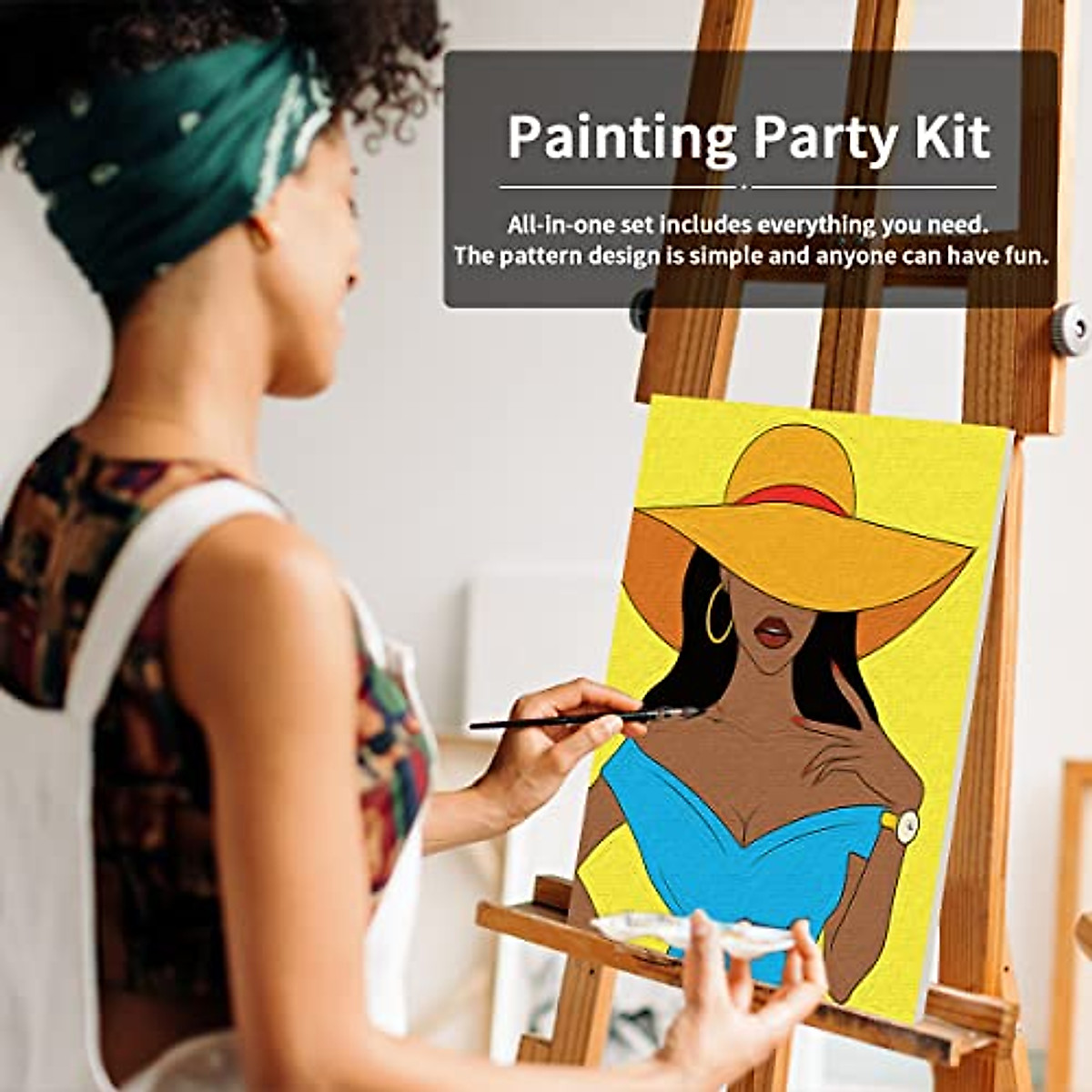 VOCHIC Canvas Painting Kit Pre Drawn Canvas for Paint Adult Party Kits Paint and Sip Party Supplies 8x10 Canvas to Paint Afro Queen 8 Acrylic Colors,3 Brush,1 Pallet Girl Paint Art Set