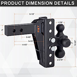 GWTAUTO Adjustable Trailer Hitch, Tri-Ball (1-7/8" x 2" x 2-5/16") Drop Hitch, Fits 2-Inch Receiver, 7 Inch Drop Cushioned Hitch,17000 LBS GTW-Class 3 Tow Hitch for Heavy Duty Truck, Solid Ball Mount
