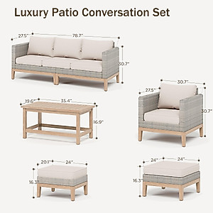 PHI VILLA Patio Conversation Set (Beige, 5 Pcs Set w/3-seat Sofa)