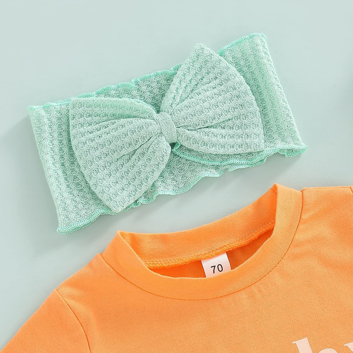 3Pcs Baby Girl Summer Clothes Set Letter Print Short Sleeve T Shirt Top Floral Shorts Headband Outfit (Orange Peachy, 6-12 Months)