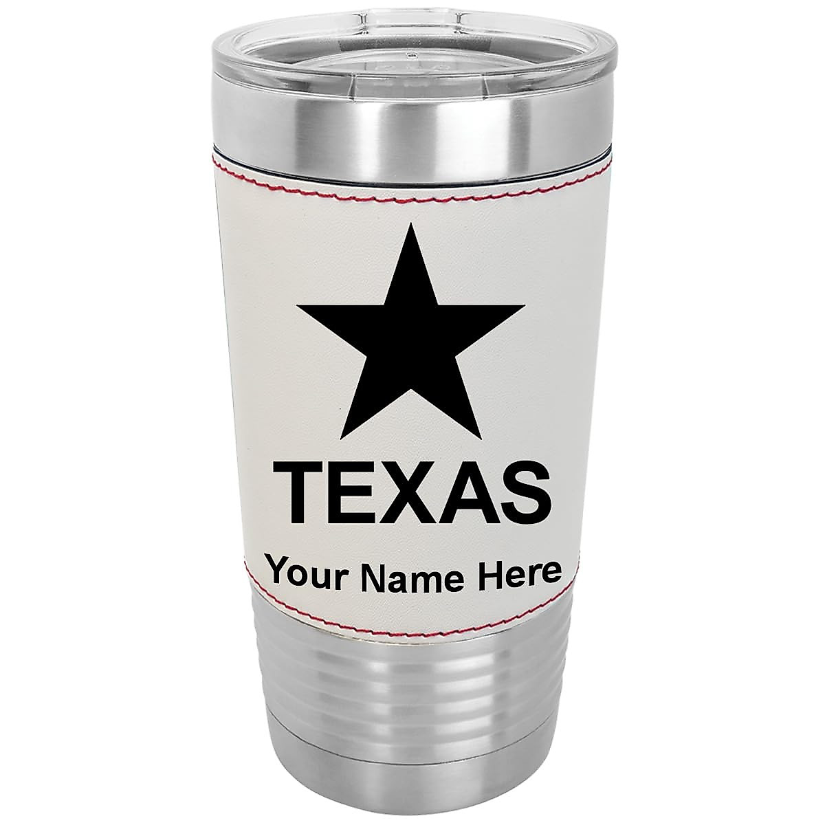 LaserGram 20oz Vacuum Insulated Tumbler Mug, Flag of Texas, Personalized Engraving Included (Faux Leather, Baseball Style)
