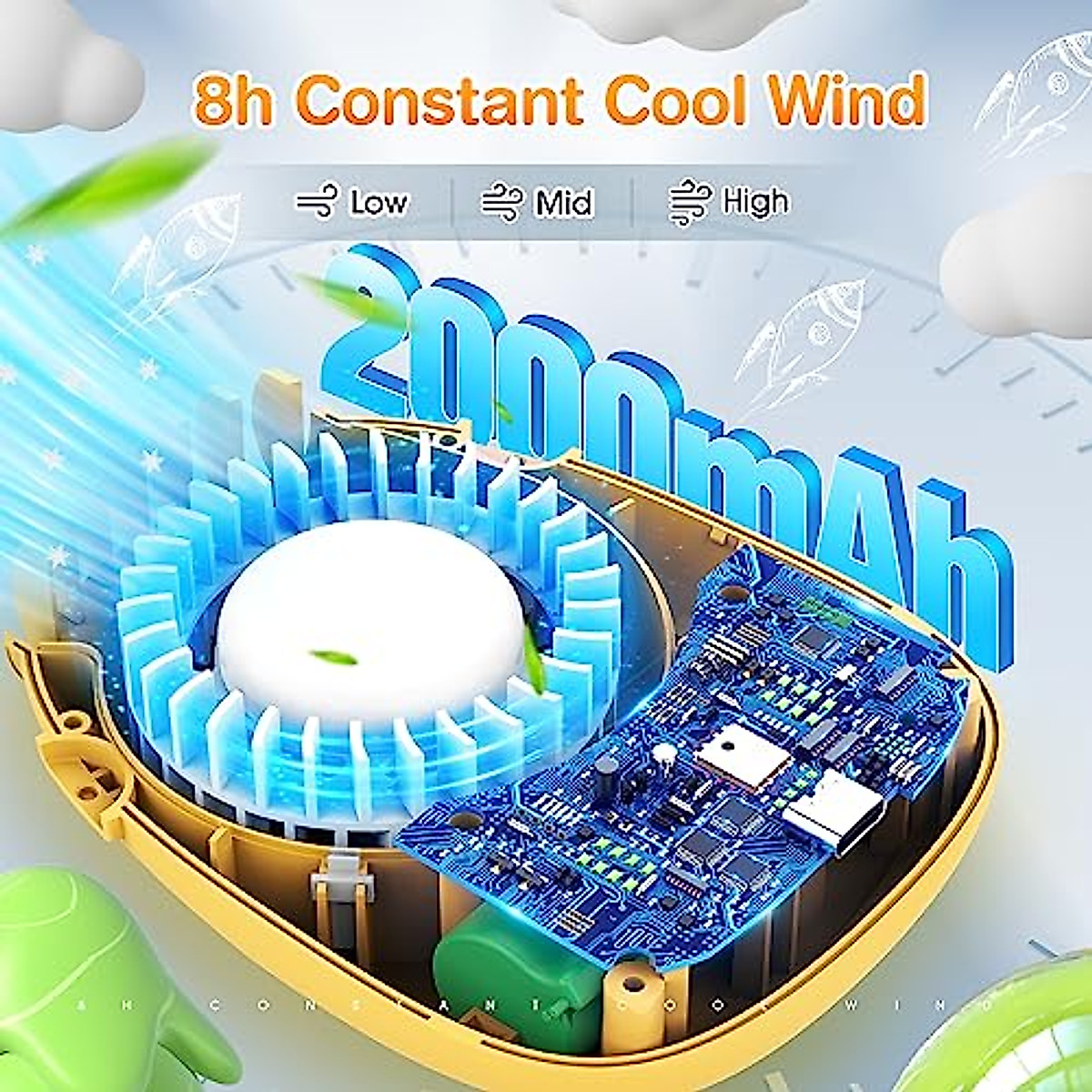 Veeool Kids Neck Fan, Portable Fan for Kids Women, 2000mAh Safe Bladeless Fan Hanging Waist Fan with Adjustable Lanyard, Personal Fan Gifts for Kids, 3 Speeds, Lightweight, Compact, Hands Free