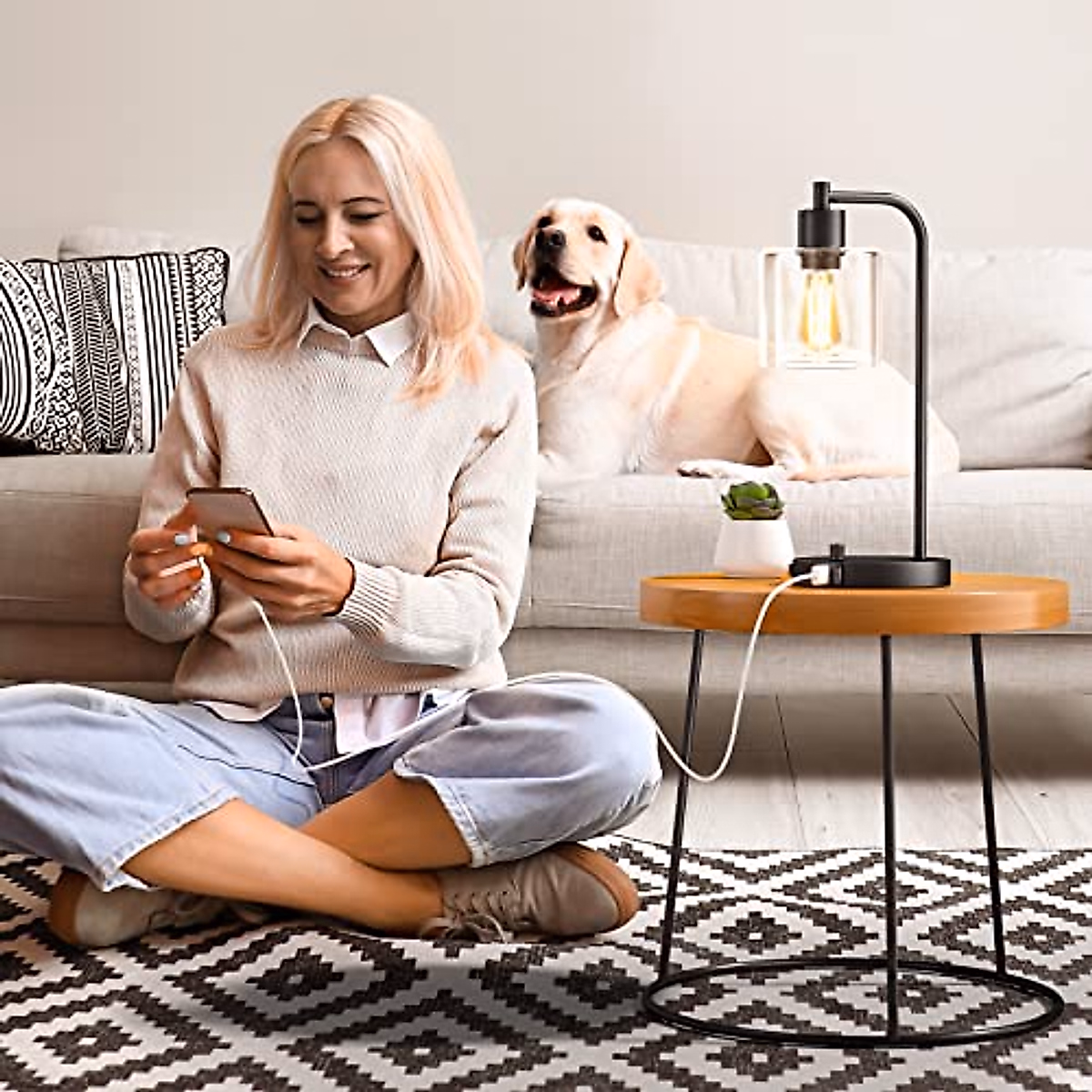 yotutun - Set of 2 Industrial Table Lamps with 2 USB Port, Black Bedside Lamps, Fully Dimmable Nightstand Desk Lamp for Reading Bedroom Living Room, Glass Shade & 2 LED Bulbs Included