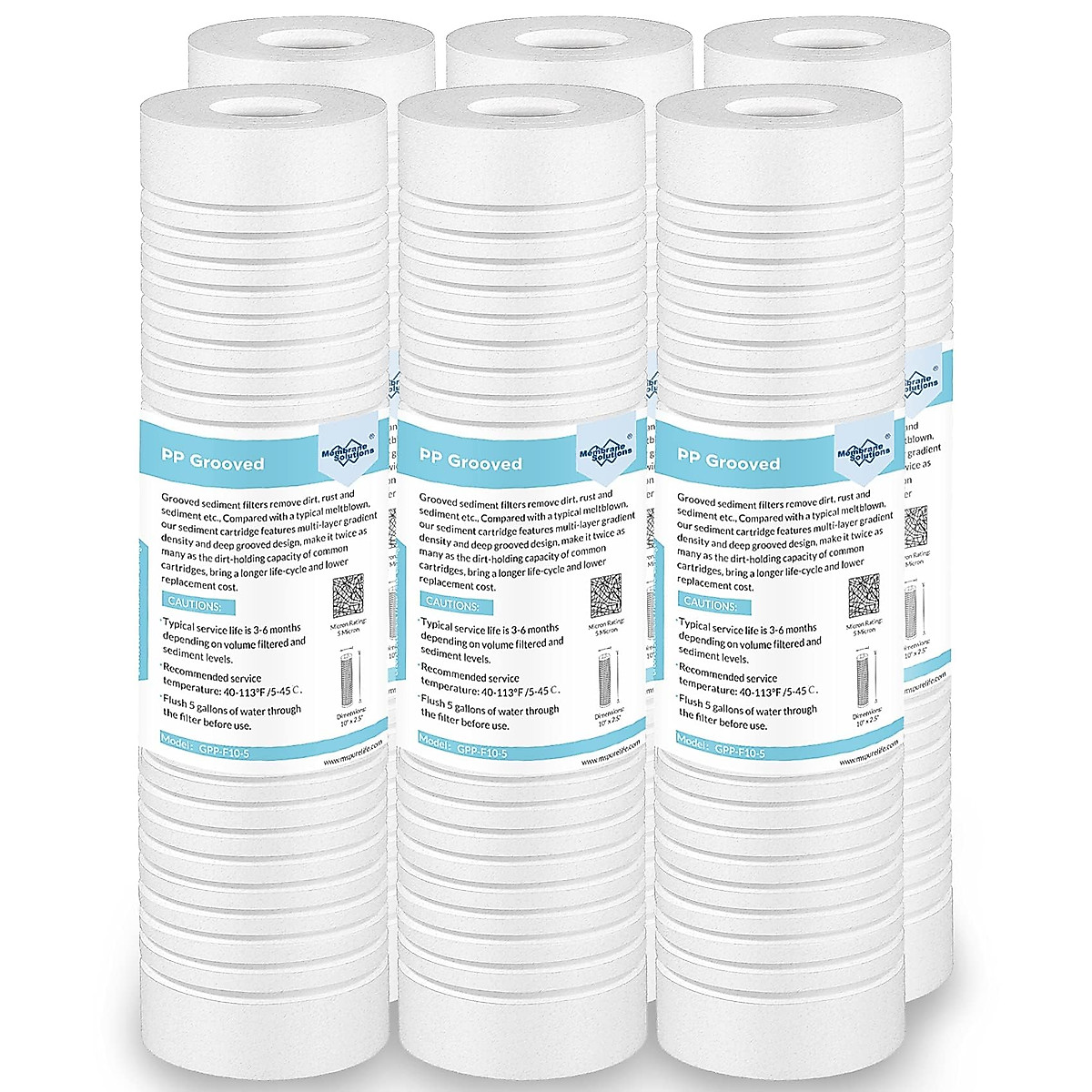 Grooved Sediment Water Filter Cartridge (6 Pack), Membrane Solutions 30 Micron Whole House Water Filter Universal Replacement 10"x2.5" for 10 inch RO Unit, Whole House Under-Sink Filtration System