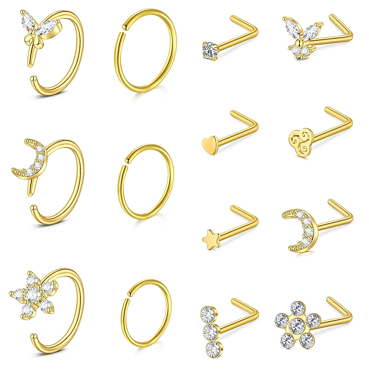 D.Bella 18G Nose Rings for Women Stainless Steel Nose Ring Gold 18 Gauge Nose Rings Hoops Studs Flower Heart Diamond L Shaped Nose Studs Nostril Nose Piercing Jewelry for Women Men