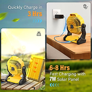 10400mAh Solar fan, Camping Fan with Solar Panel, 7W Rechargeable Solar Powered Fan for Outside, LED Lantern, Stepless Speed and Quiet Battery Operated Tent Fan for Picnic, Barbecue, Fishing, Travel