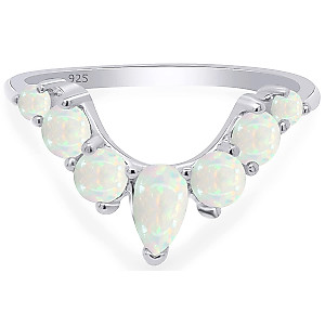 AFFY Seven Stone Design, Dainty 14k White Gold Plated 925 Sterling Silver Pear And Round Cut Created Opal Stackable Wedding Ring Jewelry For Womens Ring Size -6