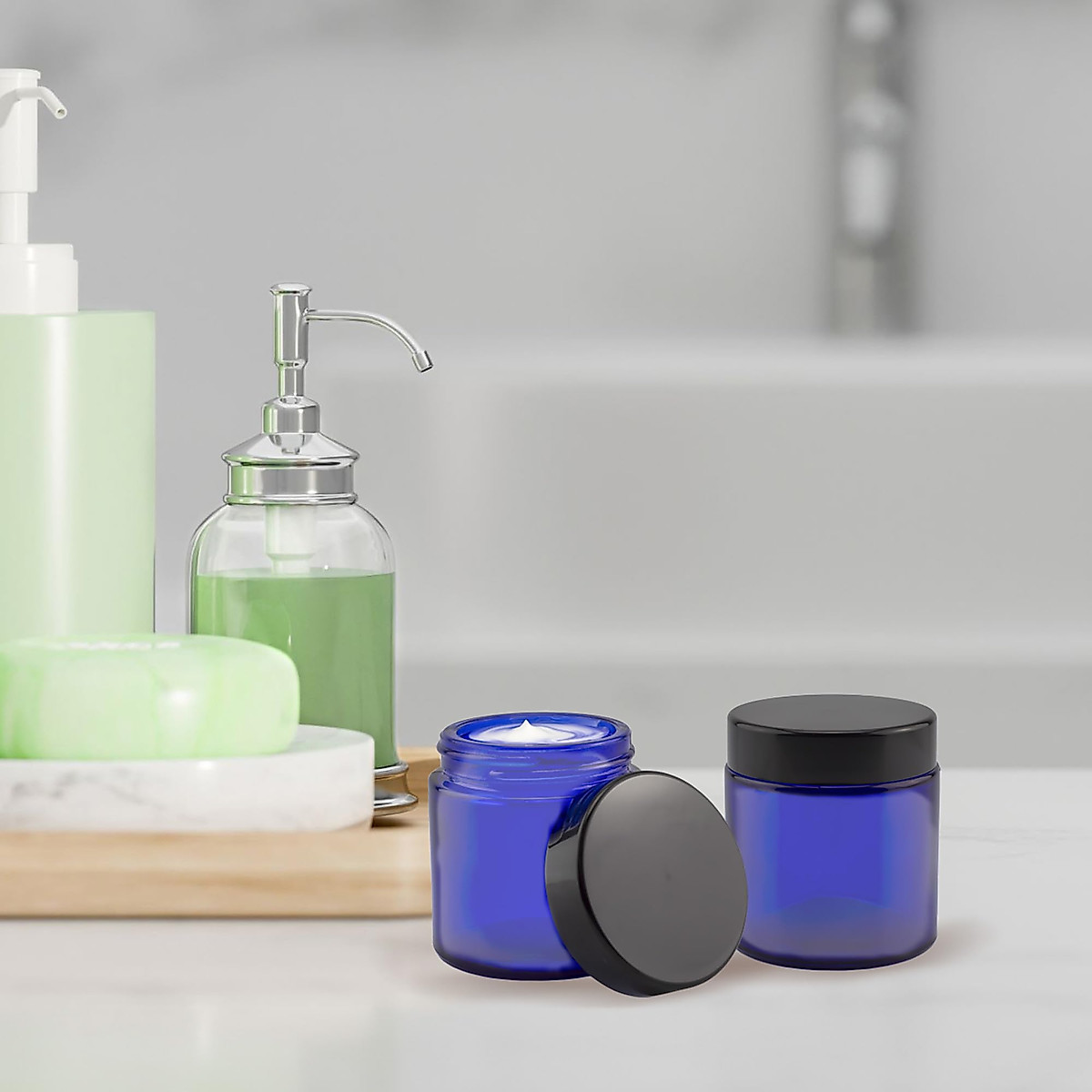 Cornucopia 2oz Cobalt Blue Glass Cosmetic Jars (12-Pack); Straight Sided Jars w/Black Plastic Lined Lids for Balms, Cosmetics, Creams & More