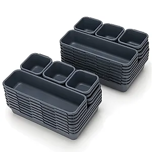 KeFanta 32 Pack Desk Drawer Organizers,Shallow Drawer Organizer Tray Dividers Separators Storage Bins Container for Office,Bathroom,Kitchen,Makeup Cabinet Vanity Dresser(Dark Grey)