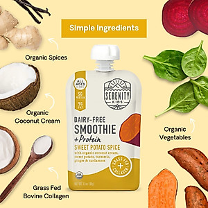 Serenity Kids 6+ Months Dairy-Free Smoothie Baby Food | USDA Organic | Grass Fed Collagen Protein | 3.5 Ounce BPA-Free Pouch | Sweet Potato Spice | 6 Count