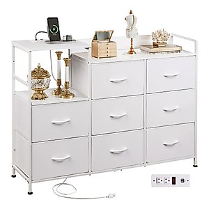 WLIVE White Dresser TV Stand for Bedroom with Charging Station and Open Shelves, Fabric Dresser with 8 Drawers and Wood Top, Wide Storage Chest of Drawers for Living Room, Hallway