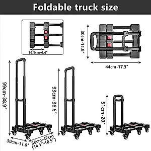 Foldable Hand Truck for Moving, Heavy Dolly Adjustable Handle, 440LB Luggage Cart Dolly with 6 Wheels & 2 Bungee Cords for Moving Heavy Furniture