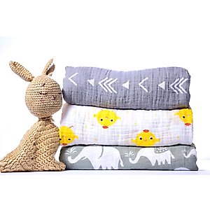 Muslin Baby Swaddle 3-Pack 100% Cotton. Soft & Breathable for Girl/Boy/Unisex