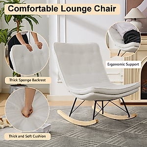 KOMIWOO Lazy Rocking Chair,Comfortable Lounge Chair with Wide Backrest and Seat Wood Base, Upholstered Armless Rocker Chair for Living room, Balcony,Bedroom and Patio Porch. (WHITE)