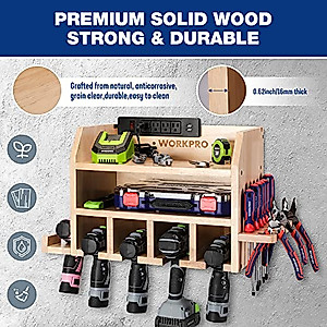 WORKPRO Power Tool Organizer, Cordless Drill Holder Storage Wall Mount with 5 Drill Hanging Slots, Screwdriver Rack, Solid Wooden Tool Storage for Garage, Workshop, Warehouse