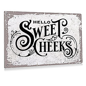 Retro Hello Sweet Cheeks Bathroom Metal Tin Sign Wall Decor - Vintage Bathroom Quote Tin Sign for Toilet Restroom Home Decor Gifts
