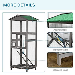 PawHut 65" Wooden Bird Cage Outdoor Aviary House for Parrot, Parakeet, with Pull Out Tray and 2 Doors, Grey