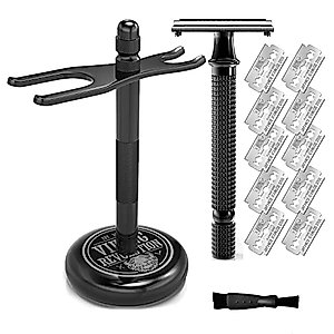 Long Handle Double Edge Safety Razor - Butterfly Open Razor with 10 Japanese Stainless Steel Double Edge Blades and Black Safety Razor Stand