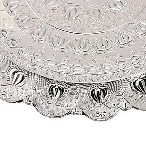 Turkish Tea Coffee Serving Tray Food Trays Vintage Style Embossed Pattern Round Coffee Plate for Bar Outdoor Dessert (Silver)