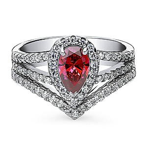 BERRICLE Sterling Silver Halo Wedding Engagement Rings Red Pear Cut Cubic Zirconia CZ Split Shank Ring Set for Women, Rhodium Plated Size 4