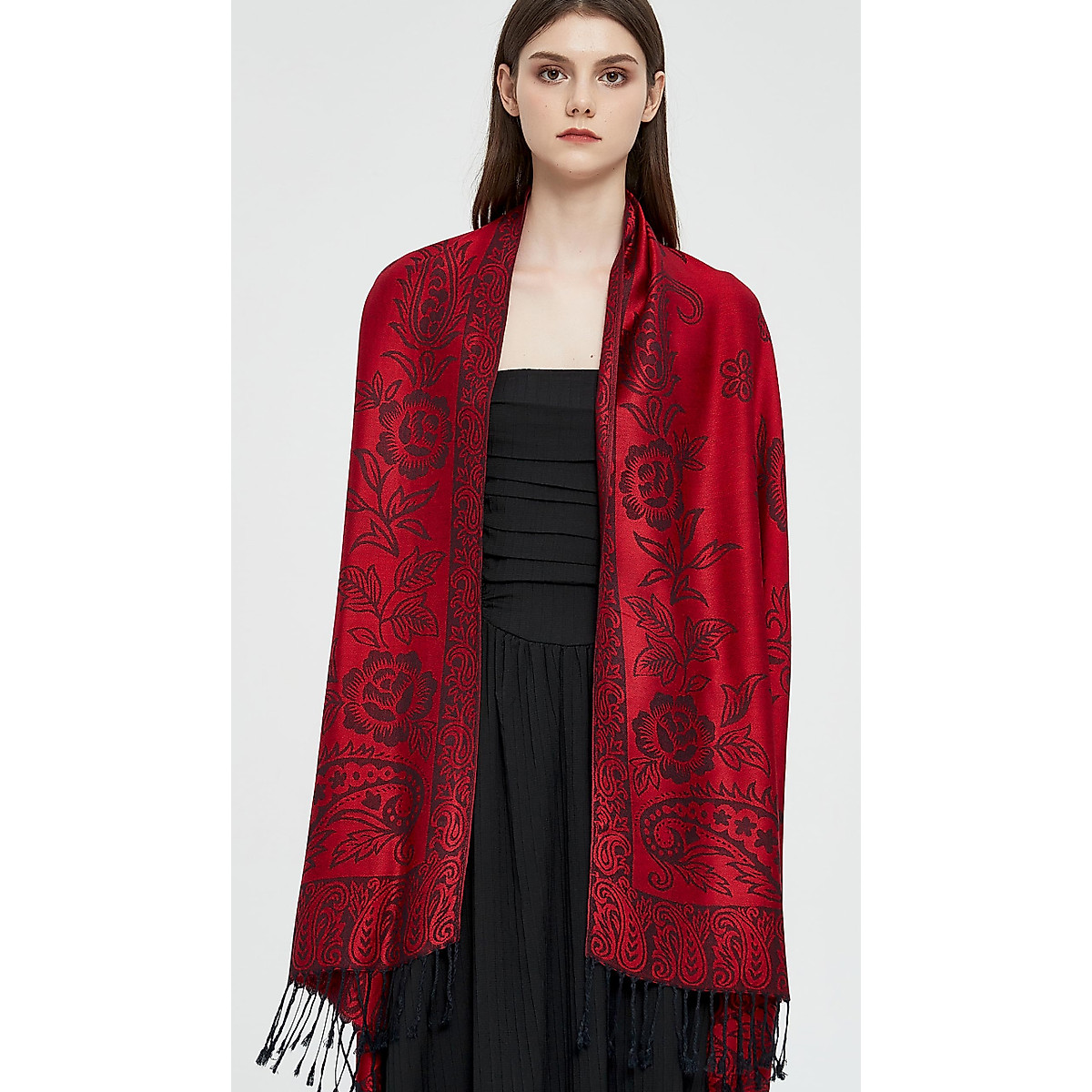 Gragengs Pashmina Shawl Wrap with Ethnic Paisley Two Tone Jacquard Scarf for Women,Paisley-Black Red