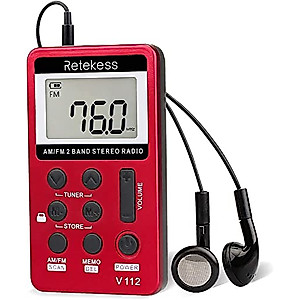 Retekess V112 AM FM Portable Pocket Radio Digital Tuning Stereo Volume with Earphone Rechargeable Battery for Walking Gym (Red)