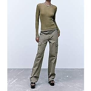 SAFRISIOR Women Sexy See Through Long Sleeve T-Shirts Mesh Sheer Skinny Rib Scalloped Trim Tees Blouse Top Outfits Khaki