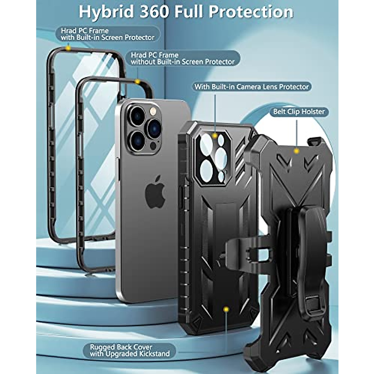 FNTCASE for iPhone 14 Pro Max Case: Military Grade Rugged Cell Phone Cover with Kickstand & Holster | Shockproof TPU Protection Bumper Matte Textured Design for iPhone 14 Pro Max Cases 6.7inch - Black