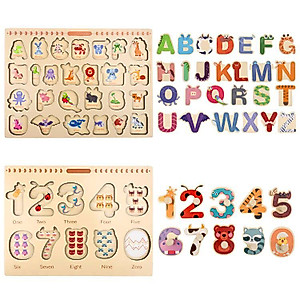 Aomola Wooden Puzzles for Toddlers,Alphabet ABC Puzzle Numbers Puzzle Set,Kids Educational Preschool Pegged Puzzles,Learning Toys Gift for 3 Year Old and Up Boys and Girls