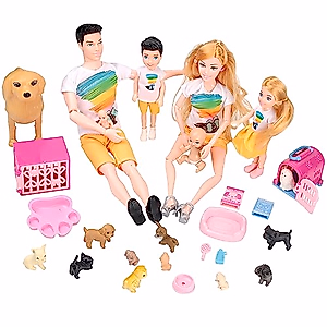 Family Dolls Set of 6 People with Dollhouse Pets Included Pregnant Mom Dad 3 Kids and Baby Boy in Mommy's Tummy, Doll Playsets and Accessories for 3-12 Years Old Toddlers Gift