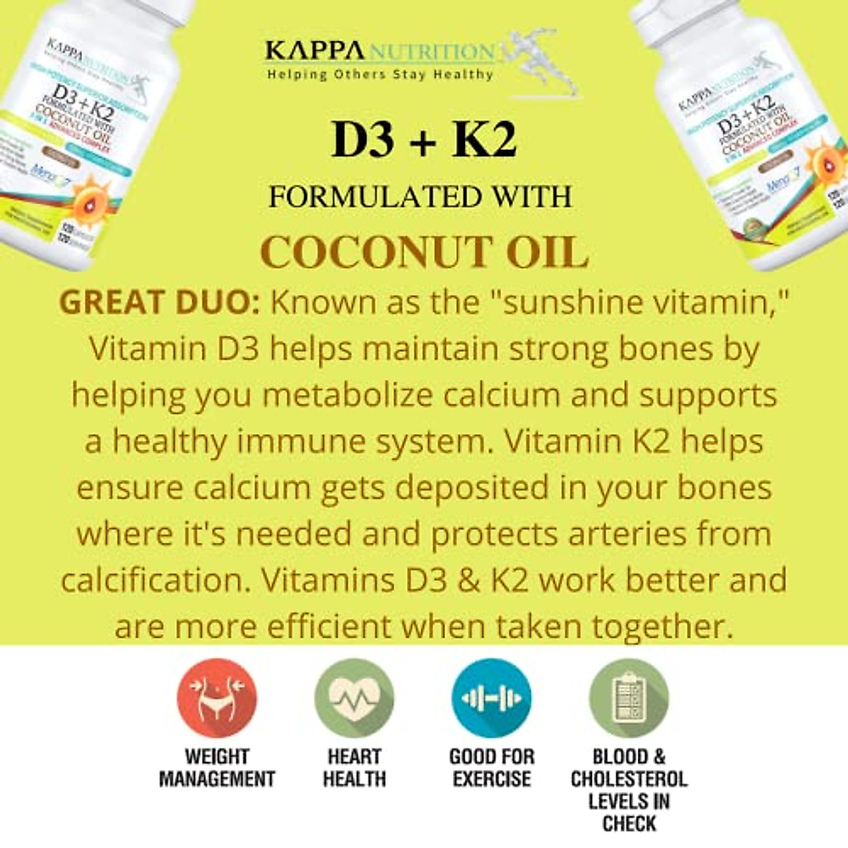 KAPPA NUTRITION Vitamin D3 + K2 Supplement with MCT Oil (Coconut Oil) (5000iu) Vitamin D with 100mcg Mk7 Vitamin K, Supports Calcium for Stronger Bones & Immune Health, 120 Vegan Capsules for Adults