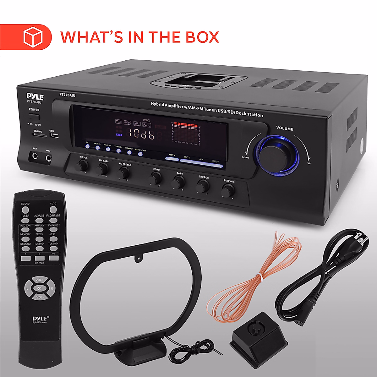 Pyle Home 300W Digital Stereo Receiver System - AM/FM Qtz. Tuner, USB/SD Card MP3 Player & Subwoofer Control, A/B Speaker, IPhone MP3 Input with Karaoke, Cable & Remote - PT270AIU