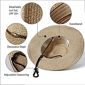 Womens Straw Sun Hat Classic Flat Beach Hat Mens Garden Hat Cowboy Style Hat with Wind Lanyard UPF 50+ Summer Hat Beige