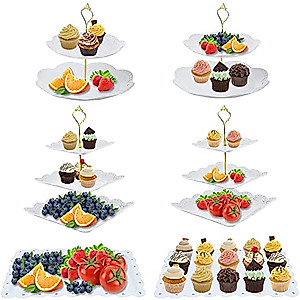 6 Set Cupcake Stand Dessert Stand 3 Tier Cake Stand White Plastic Party Cupcake Holder Tiered Candy Dessert Display Plates Serving Tray Table Decor for Baby Shower Wedding Birthday Celebration