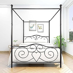 TMEOSK Queen Size Metal Canopy Platform Bed Frame with European Headboard & Footboard, Sturdy Steel Under-Bed Storage Space, No Box Spring Needed for Boys Girls Teens Adults, Four-Poster Canopied Bed
