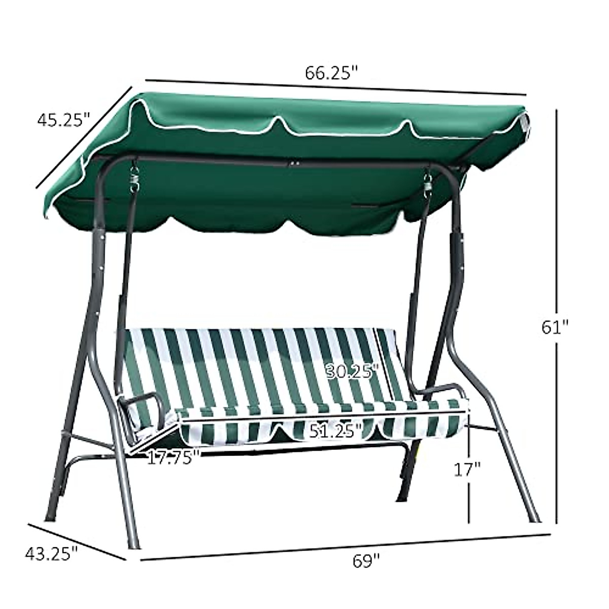 Outsunny 3-Person Porch Swing with Canopy, Patio Swing Chair, Outdoor Canopy Swing Bench with Adjustable Shade, Cushion and Steel Frame, Green