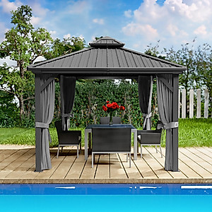 Kozyard 10'x10' Hardtop Gazebo - Permanent Metal Pavilion with Netting and Shaded Curtains for Patio, Backyard, and Deck - Galvanized Steel Outdoor Aluminum Canopy, Double Roof Gazebo (Dark Gray)