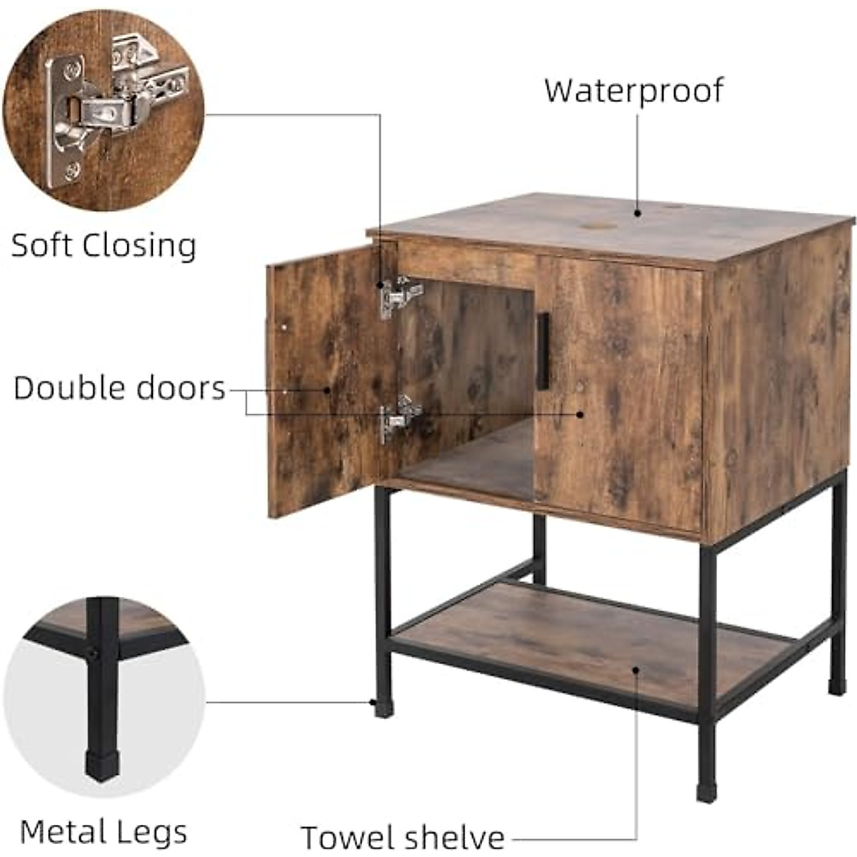 UEV 24" Antique Bathroom Vanity, Dark Brown Bathroom Vanity Set with Sink Combo, Iron Wood Bathroom Cabinet with Adjustable Water Temperature Faucet (A10)