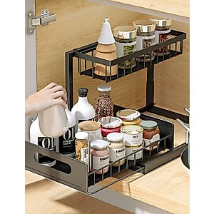 JPSDOWS Under Sink Organizer Storage for Kitchen Cabinet 2 Tier Metal Sliding Pull out Drawer Shelf Basket Organization Rack Multi-purpose for Bathroom Countertop Black