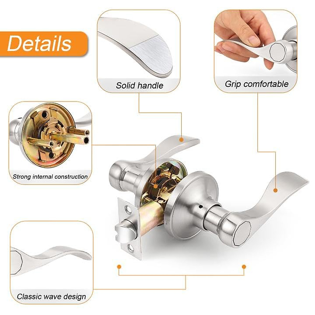 Probrico Passage Door Levers Satin Nickel Interior Door Handle for Hallway and Closet, Keyless Non-Locking Door Levers, 3 Pack