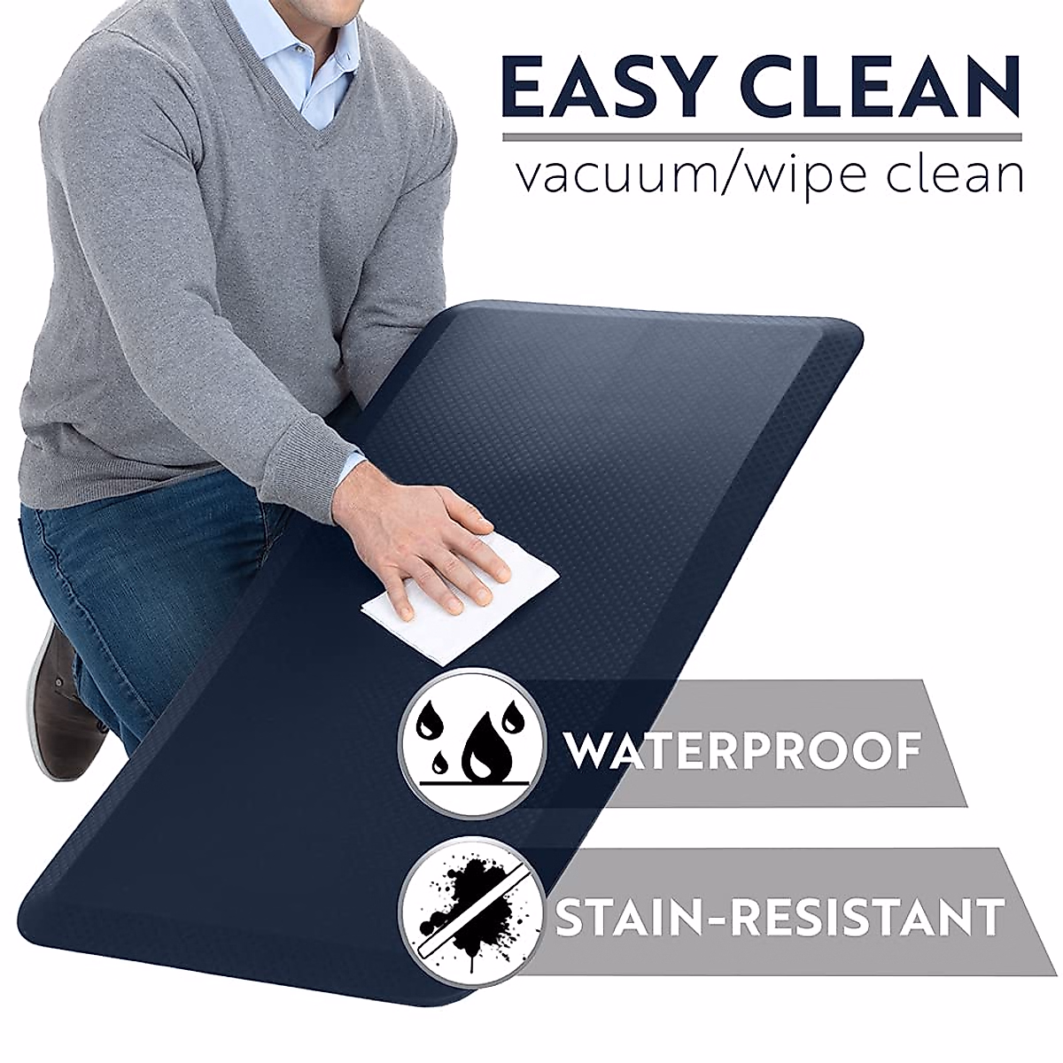 Kangaroo Anti Fatigue Cushion Mat and Chenille Bath Rug, Antifatigue Mat Size 32x20, Foam Pad Relieves Pressure, Bath Rug Size 36x24, Machine Washable, Both in Navy, 2 Item Bundle
