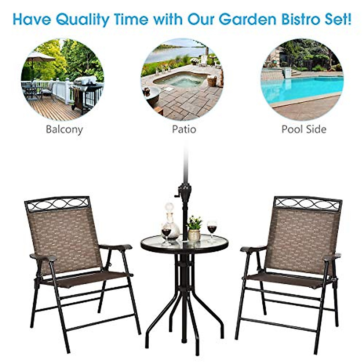 S AFSTAR 3-Piece Bistro Set, Patio Dining Furniture Set, Round Textured Glass Tabletop w/Umbrella Hole, Outdoor Conversation Set for Backyard Garden Poolside