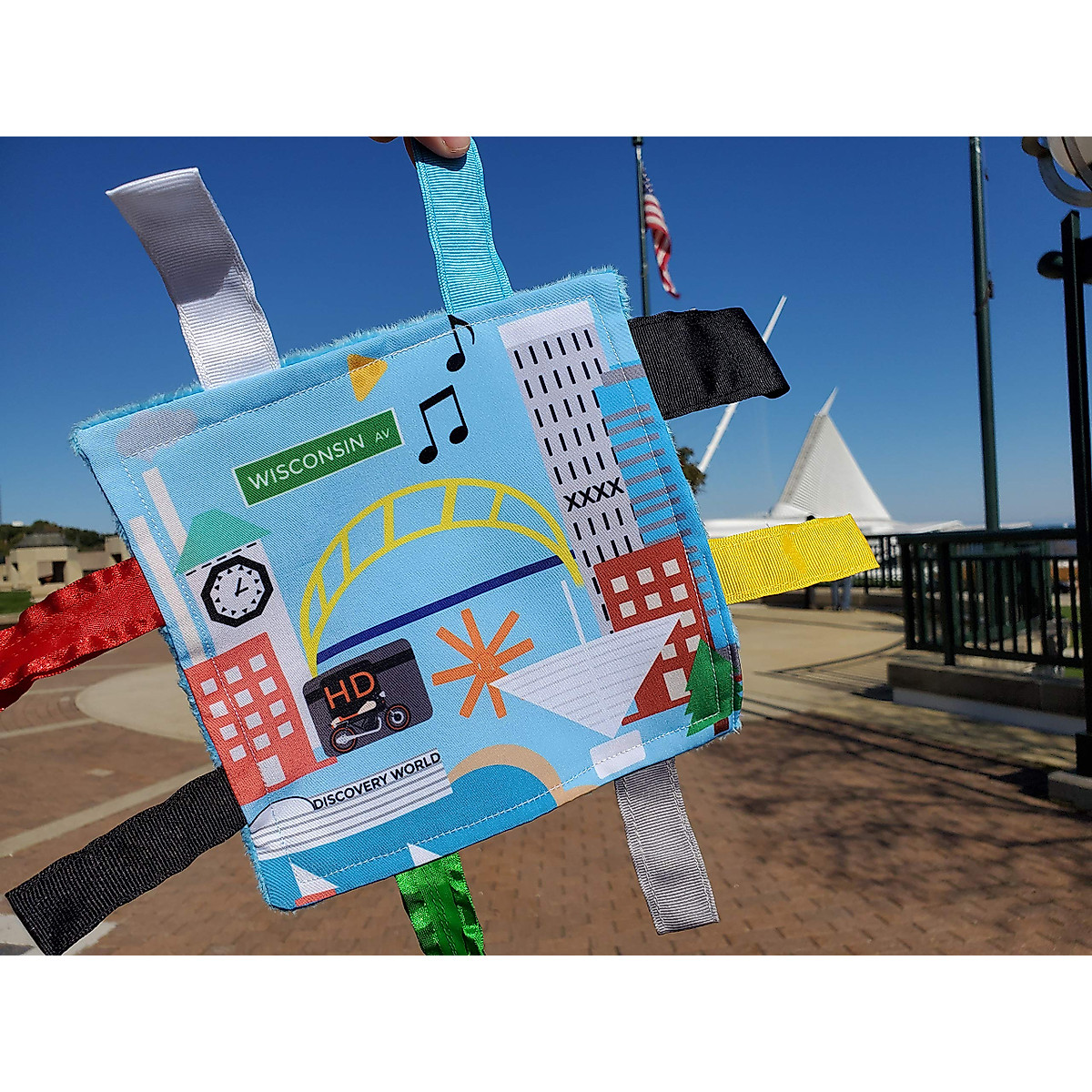 Baby Jack & Co 8x8” Learning Lovey Milwaukee Wisconsin Tag Toys for Babies - Baby Crinkle Toys - Soft & Safe - Learn USA Cities and Shapes - Ideal Baby Toy & Gift BPA Free w/Stroller Clip