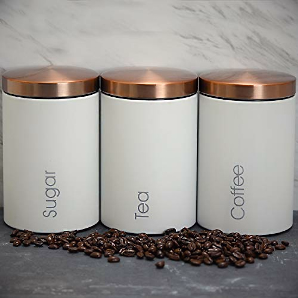 MegaChef Essential Kitchen Storage 3 Piece Sugar, Coffee and Tea Canister Set in Matte White