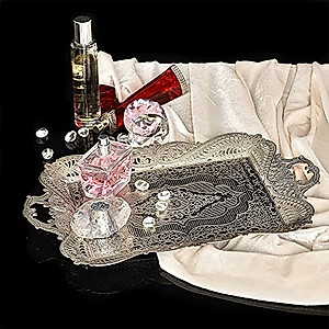 Silver Turkish Tea Coffee Serving Tray with Handles Metal for Outdoor Bar Dresser Platter Table Kitchen Antique Wedding Moroccan Copper Vanity Rectangle Fancy Brass Style Decorative Tray