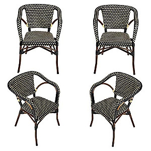 LUCKYERMORE Outdoor Rattan Wicker Chair Set of 4 Stackable Arm Chairs with Aluminum Frame Patio Dining Chair for Backyard Porch Garden, Black/Cream